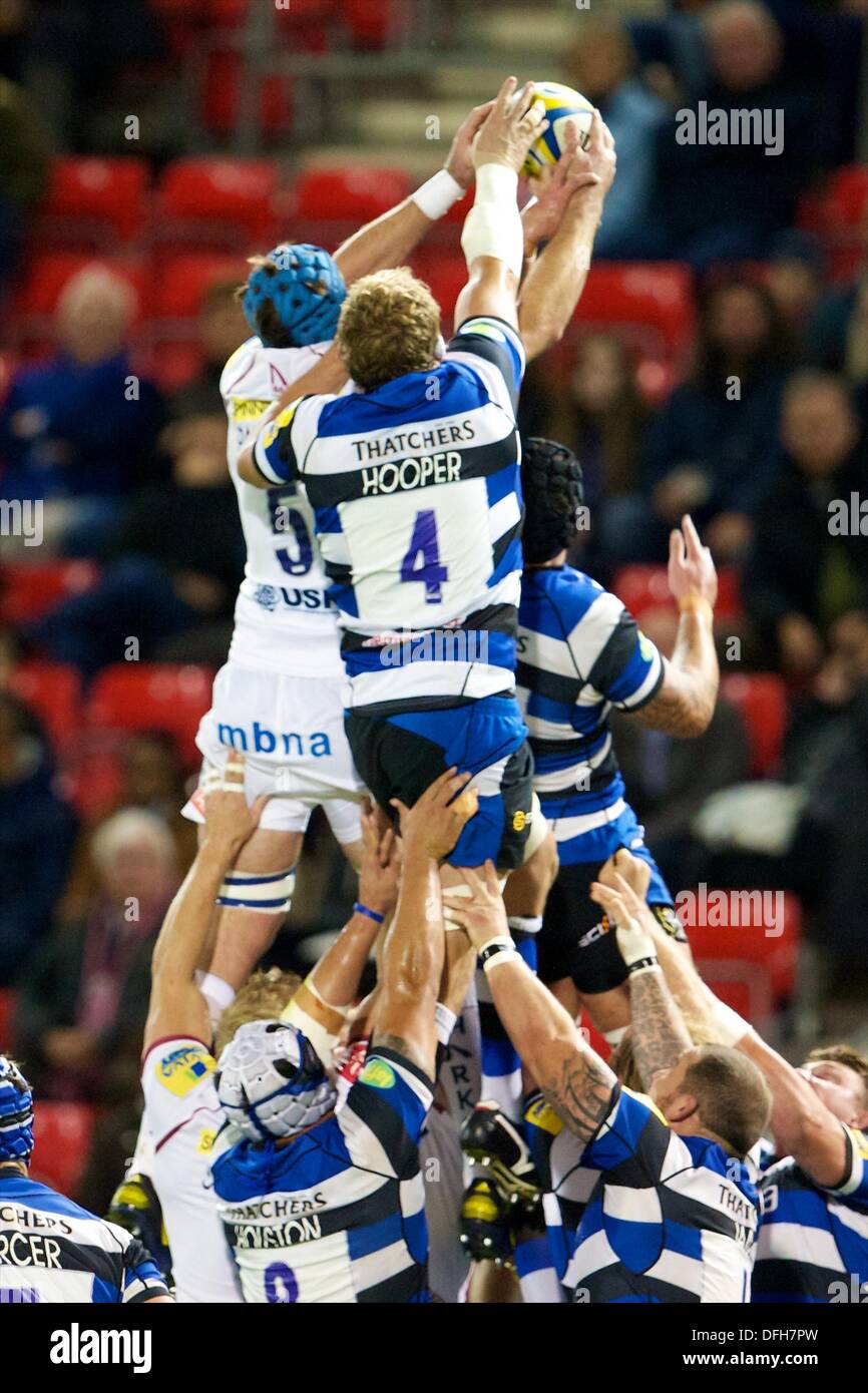 Salford, UK. 04th Oct, 2013. Bath Rugby lock Stuart Hooper and Sale ...