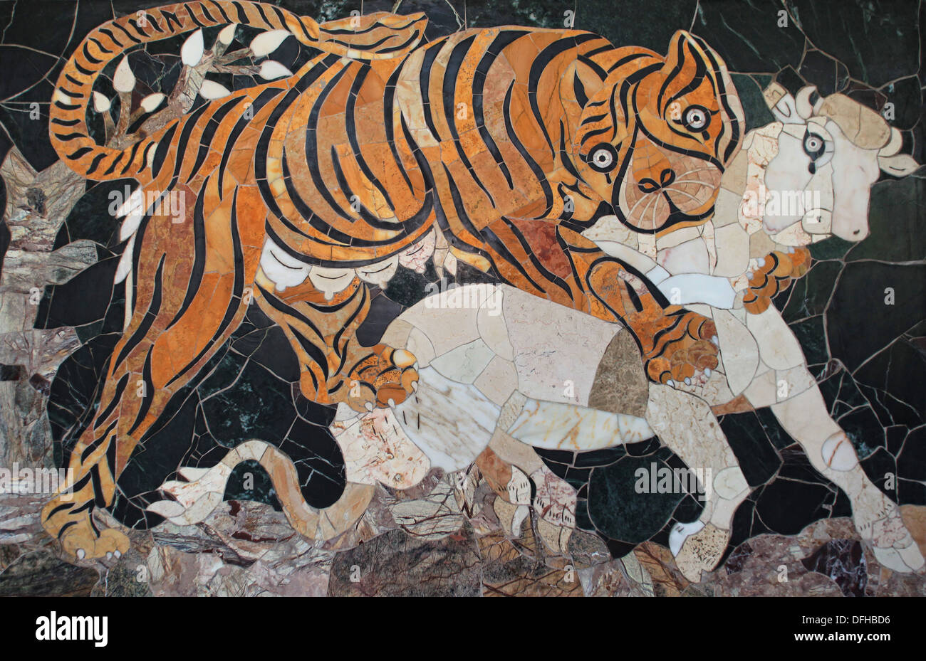 Reproduction of the "panel in opus sectile with tiger assaulting a calf ...