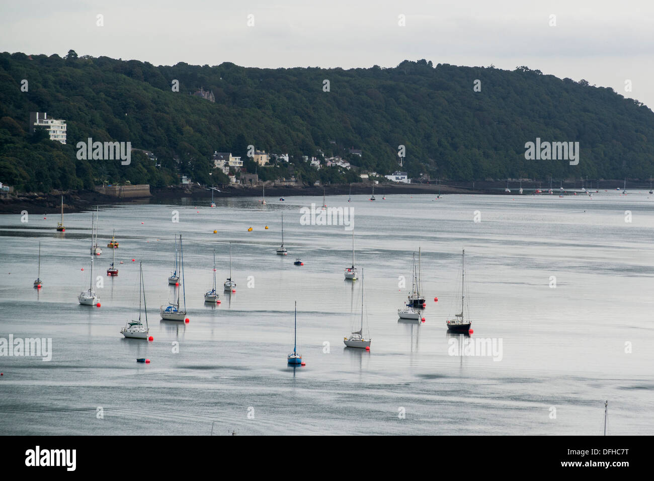 A view of boats in the Menai Strait from the Menai Suspension Bridge ...