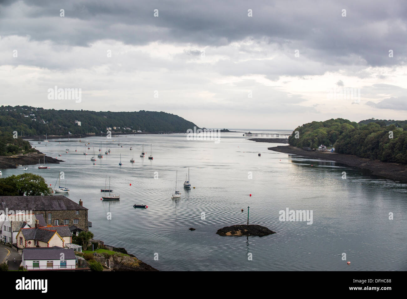 A view of boats in the Menai Strait from the Menai Suspension Bridge ...