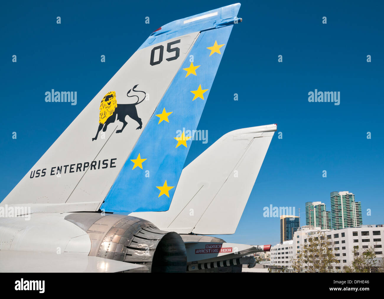 California, San Diego, USS Midway Museum, F-14A Tomcat jet fighter tail ...