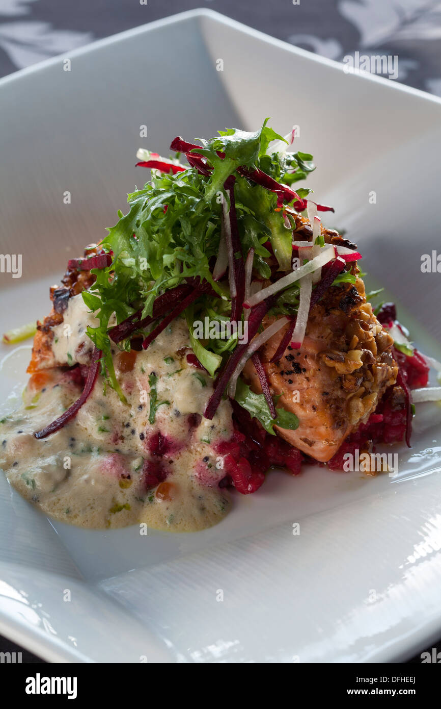 Exotic design fingerfood served in restaurant based on small pieces of ...