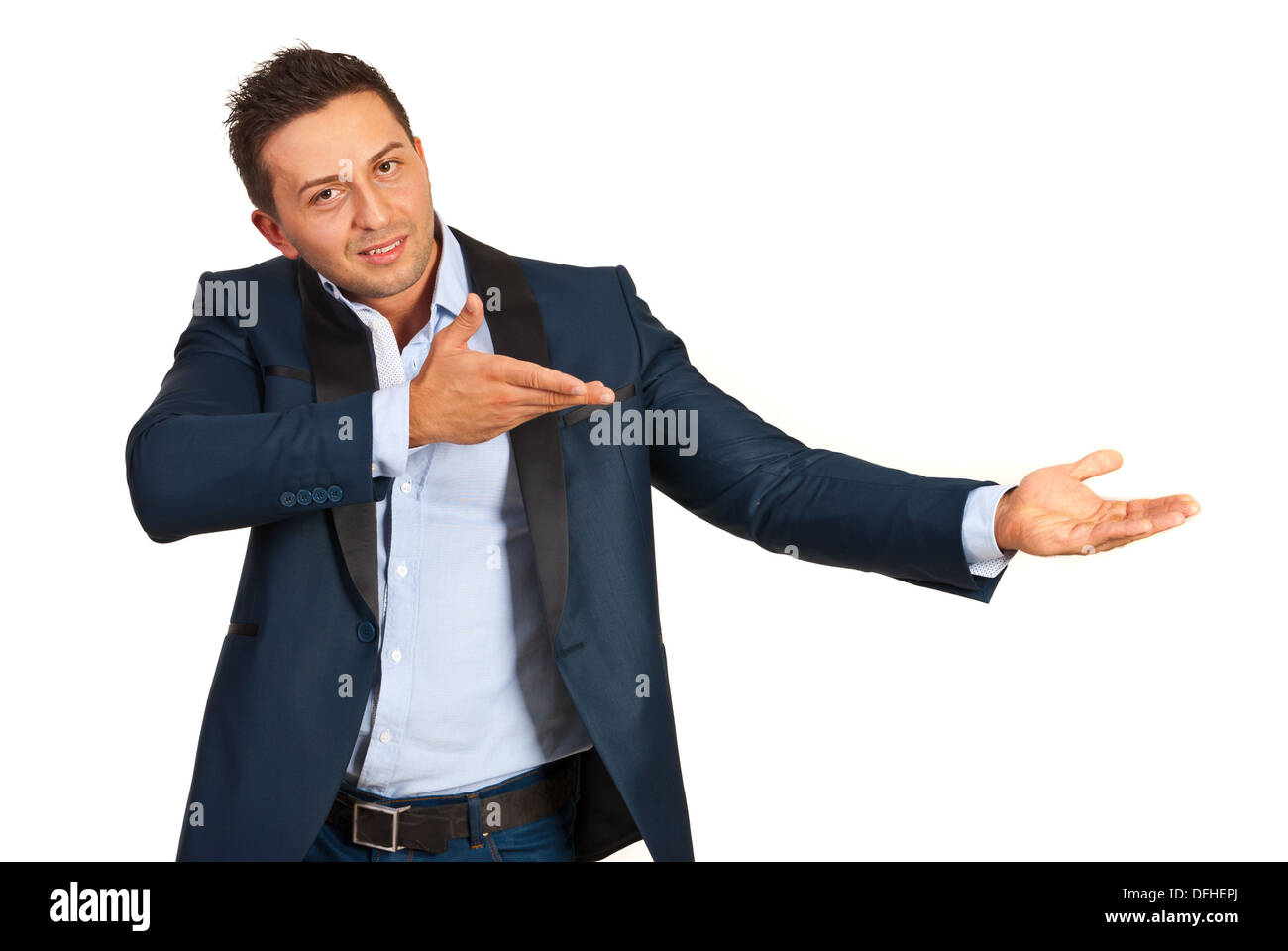 Smiling business man invite you isolated on white background Stock ...