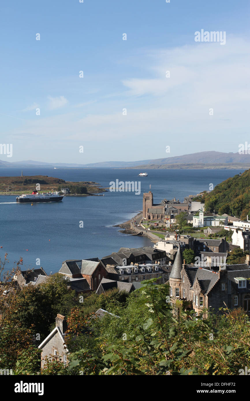 Elevated view of Calmac ferry departing Oban Scotland September 2013 ...