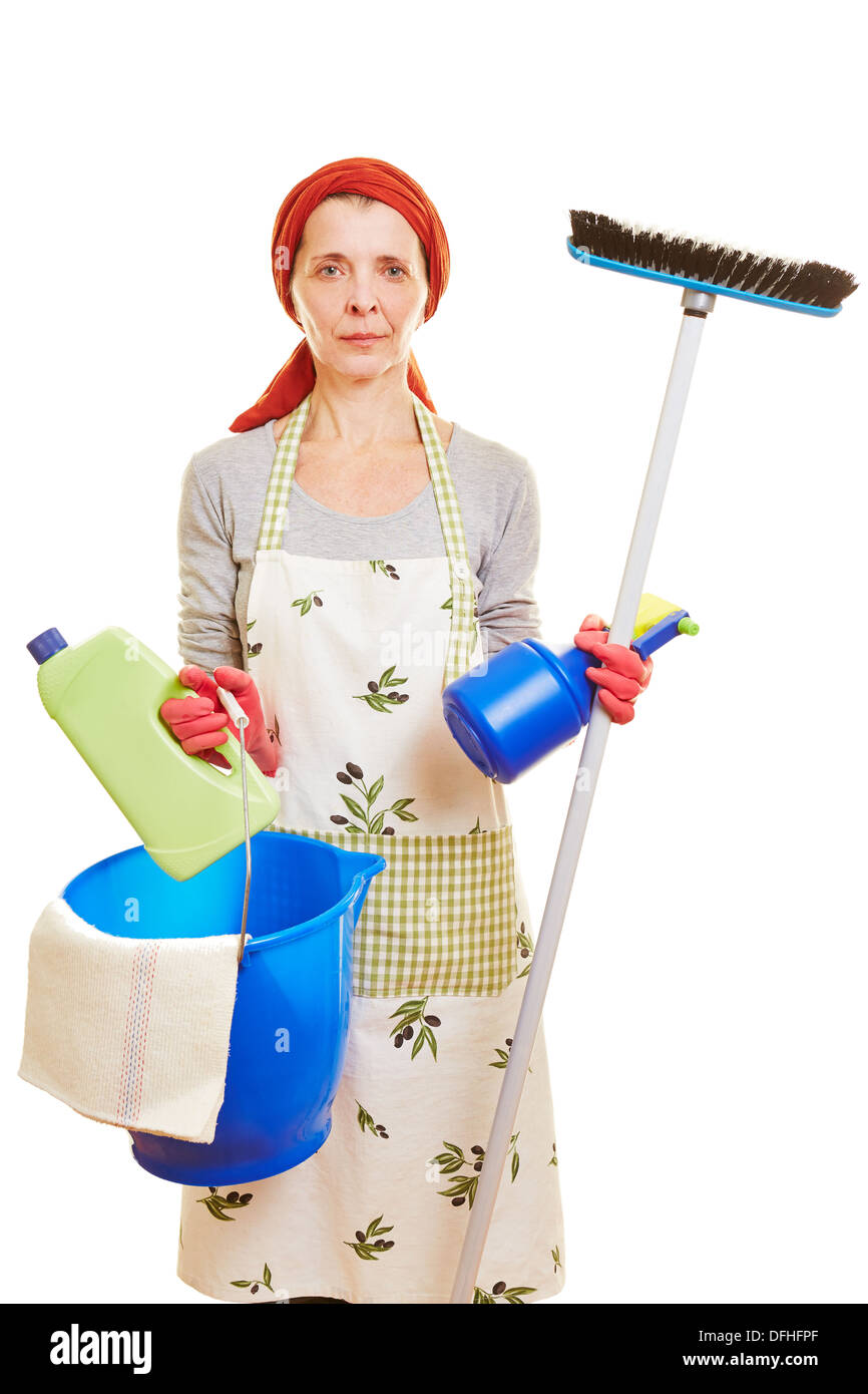 Cleaning lady with cleaning supplies and apron Stock Photo - Alamy