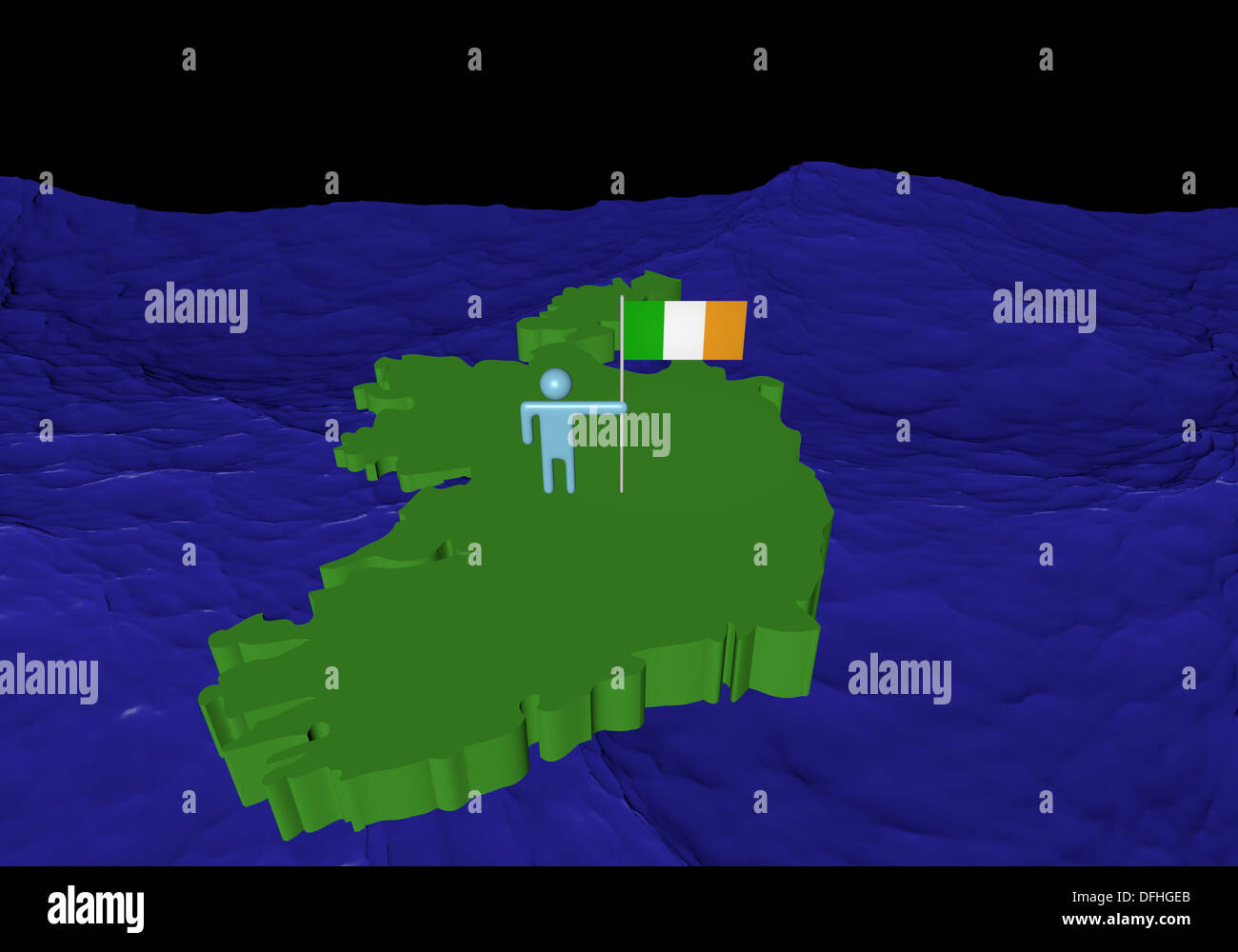 Man on Ireland map with flag in ocean illustration Stock Photo - Alamy