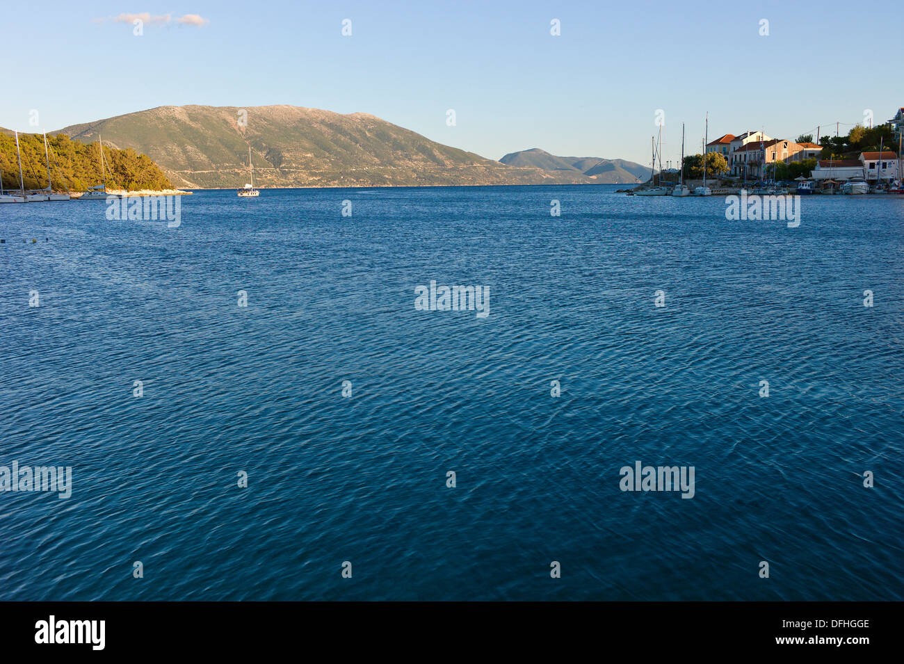 Entrance to Fiscardo harbour, Kefalonia, Greece. Island of Ithaca in ...