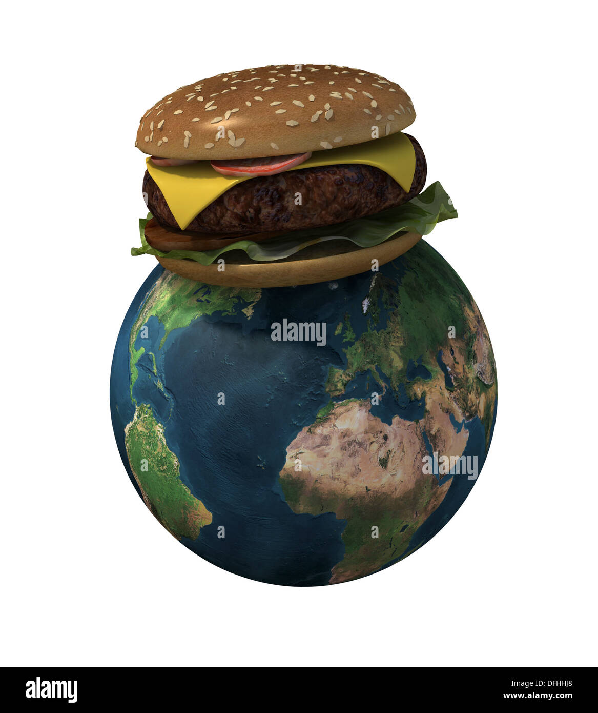 world with hamburger on top of him, 3d illustration Stock Photo - Alamy