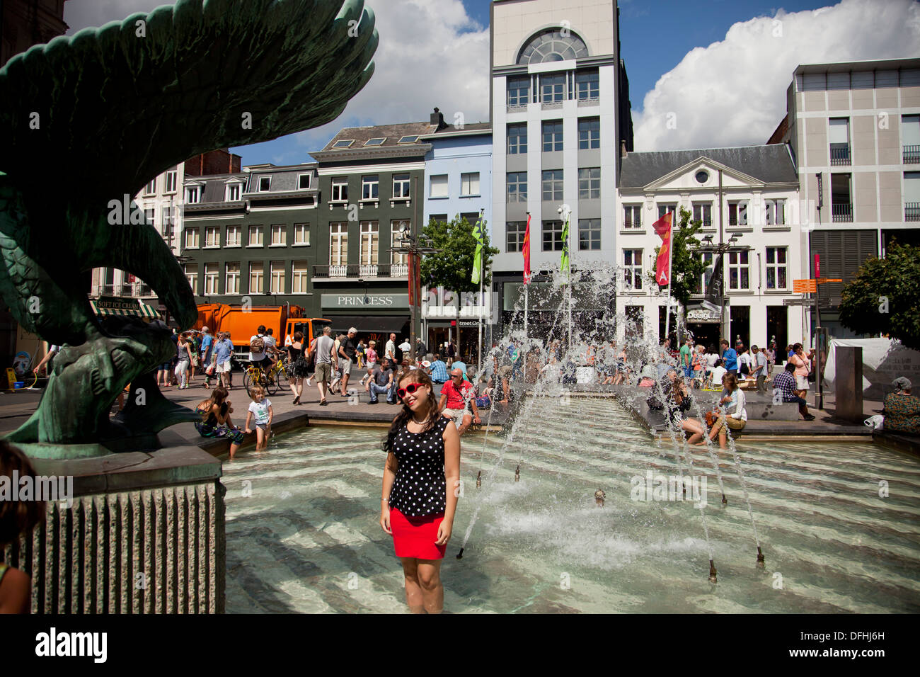 fountain at the pedestrian zone and shopping street Meir in Antwerp ...