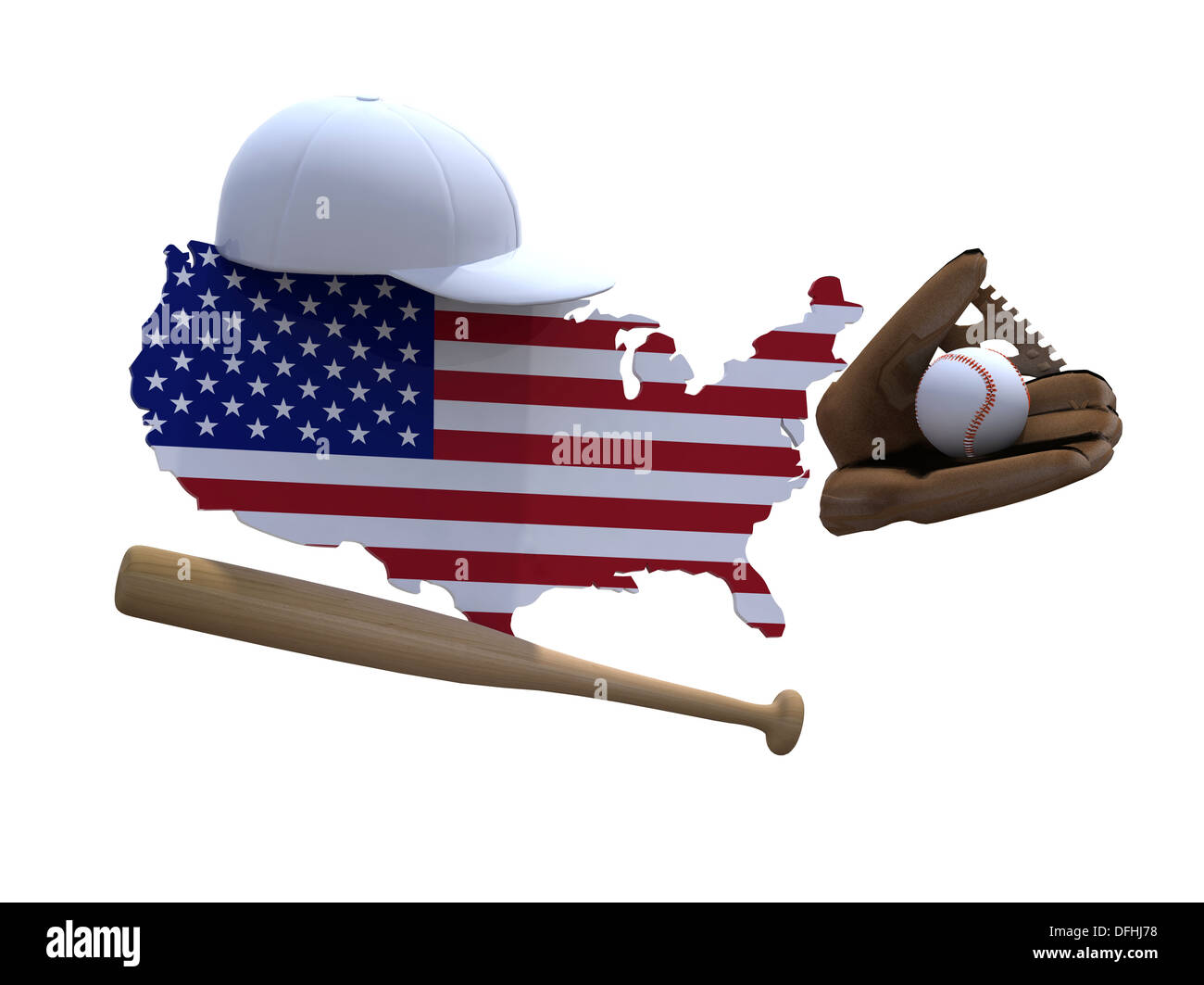 american map with flag, baseball hat, glove, ball and bat 3d ...