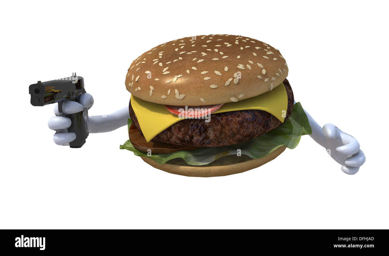 hamburger with hands and gun, 3d illustration Stock Photo - Alamy