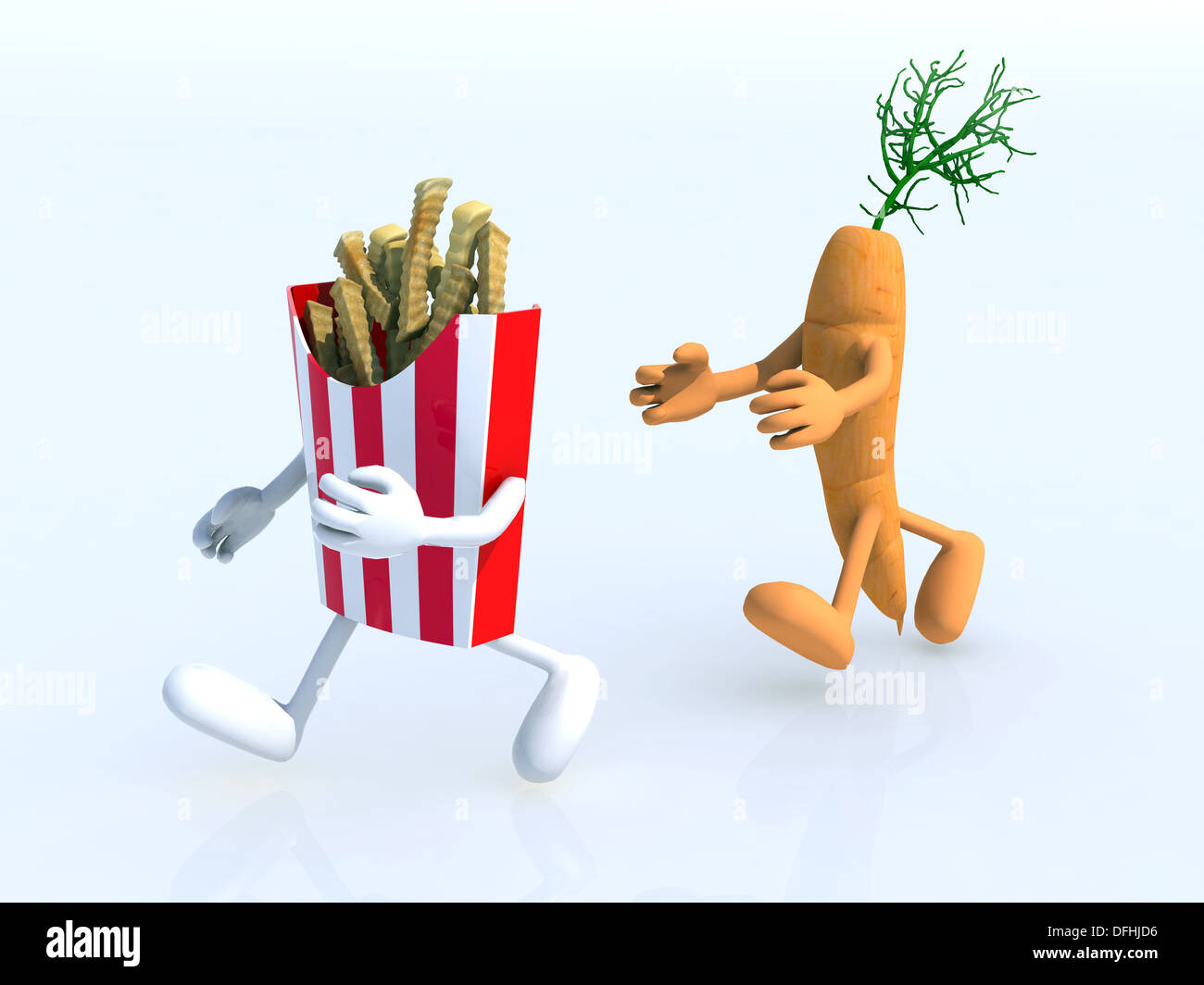 running competition between carrot and potato chips, 3d illustration ...