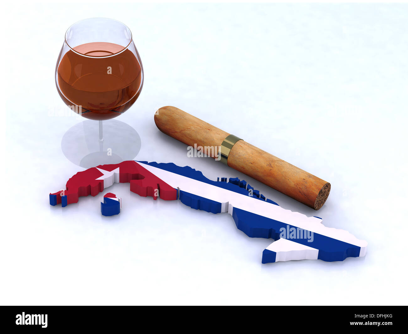 cuban 3d map with flag, glass of rum and big cigar on white background ...