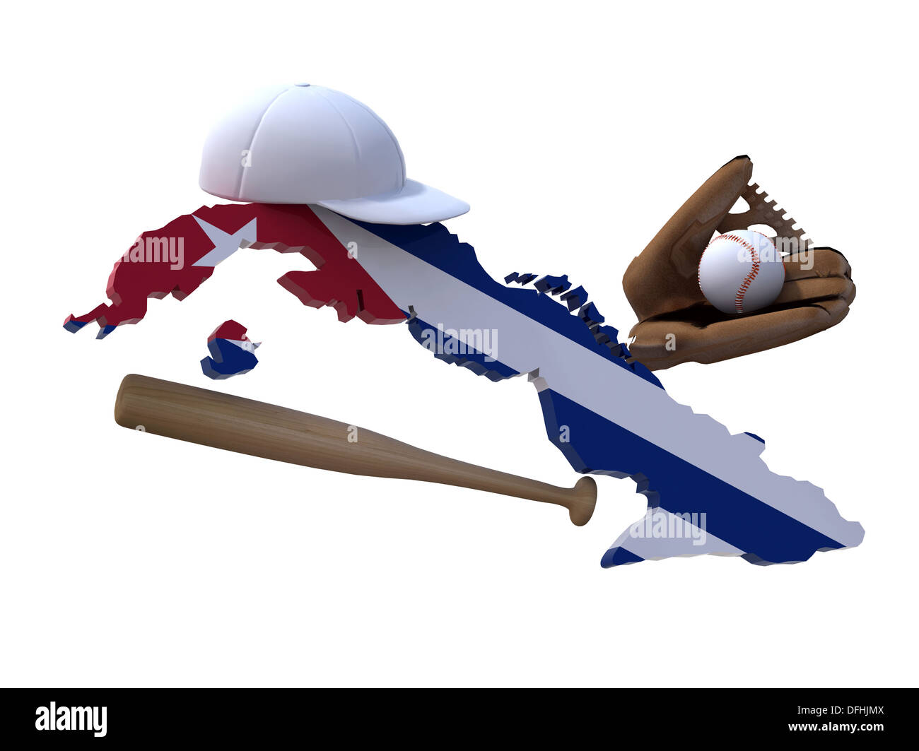 cuban map with flag, baseball hat, glove, ball and bat 3d illustration ...
