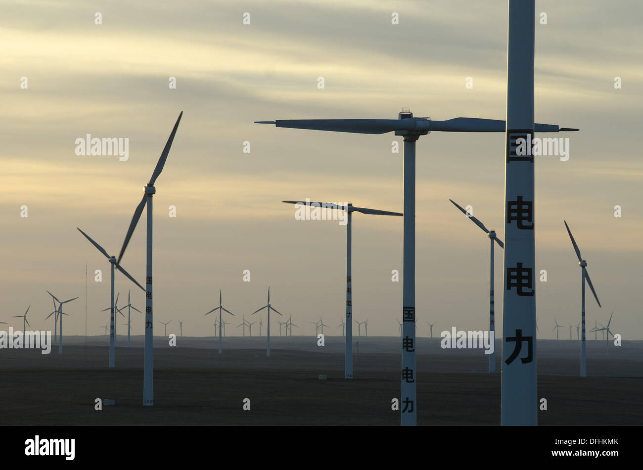This windfarm south of Xilin Gol, seen during the sunset, consists of ...