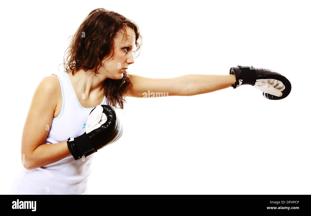 Sportswoman boxer fit woman boxing - isolated over white background ...