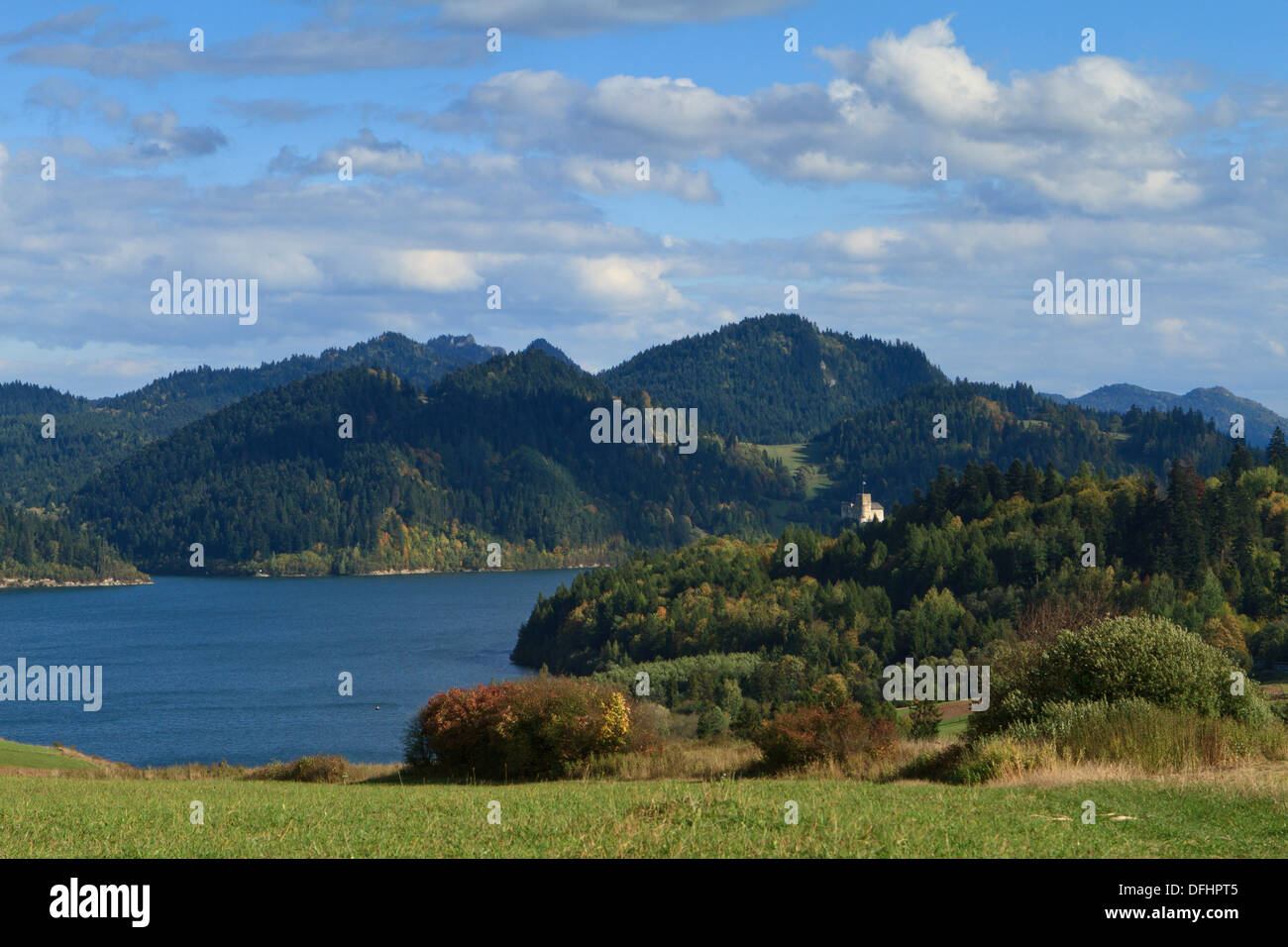 Pieniny mountains with Niedzica castle over Czorsztynskie lake, and ...