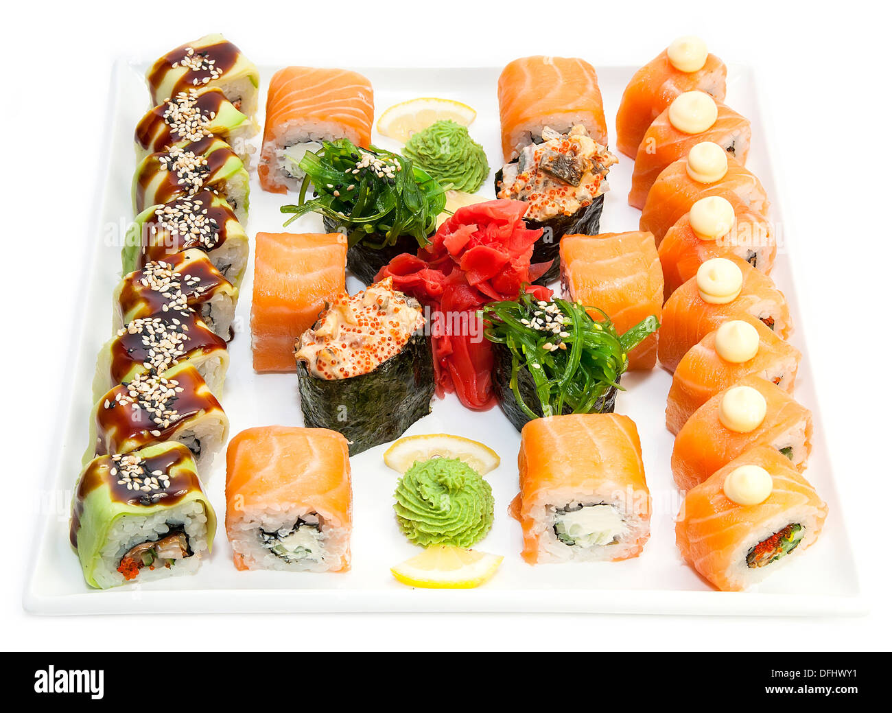 Japanese rolls in a restaurant with fish and vegetables Stock Photo - Alamy