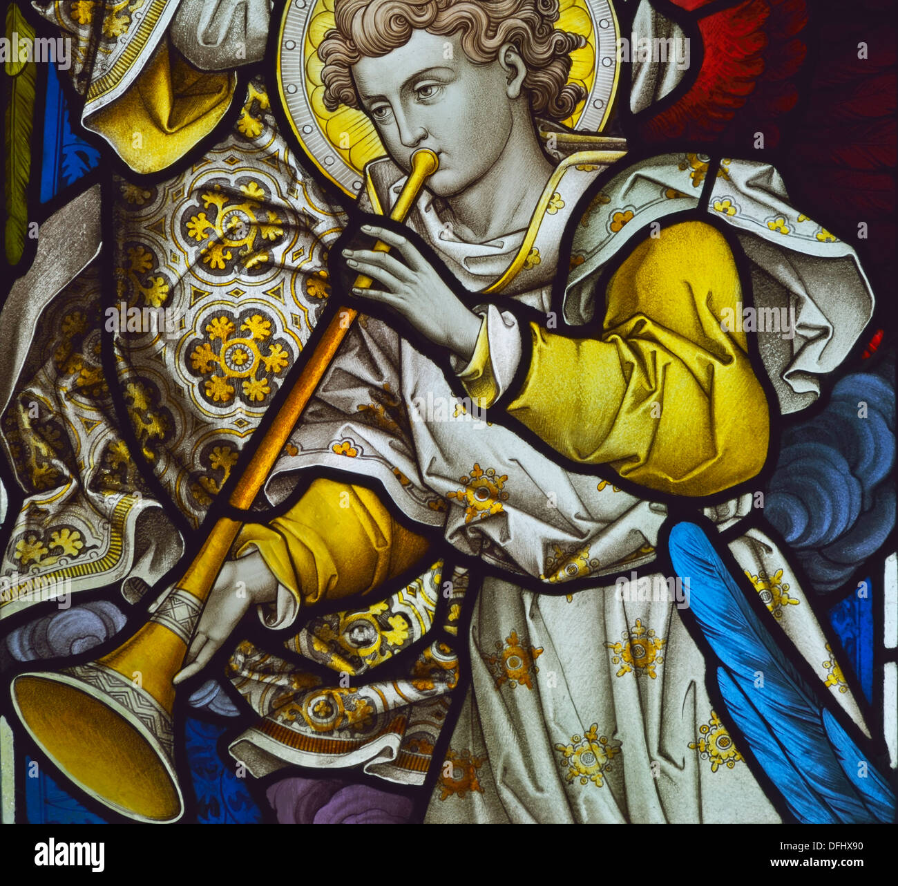 Angel with horn, detail of East window. Church of Saint Michael and All ...