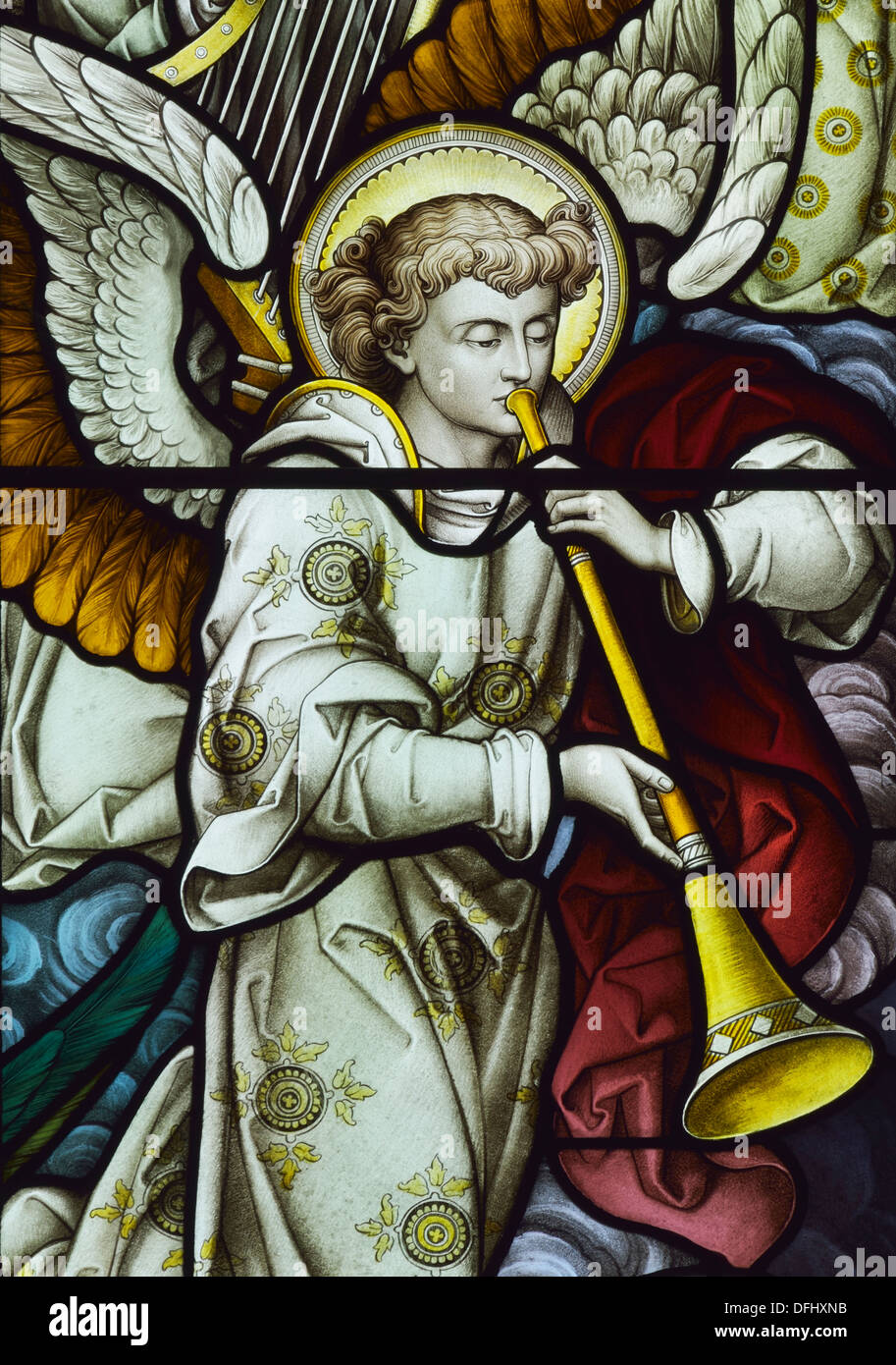 Angel with horn, detail of East window. Church of Saint Michael and All ...