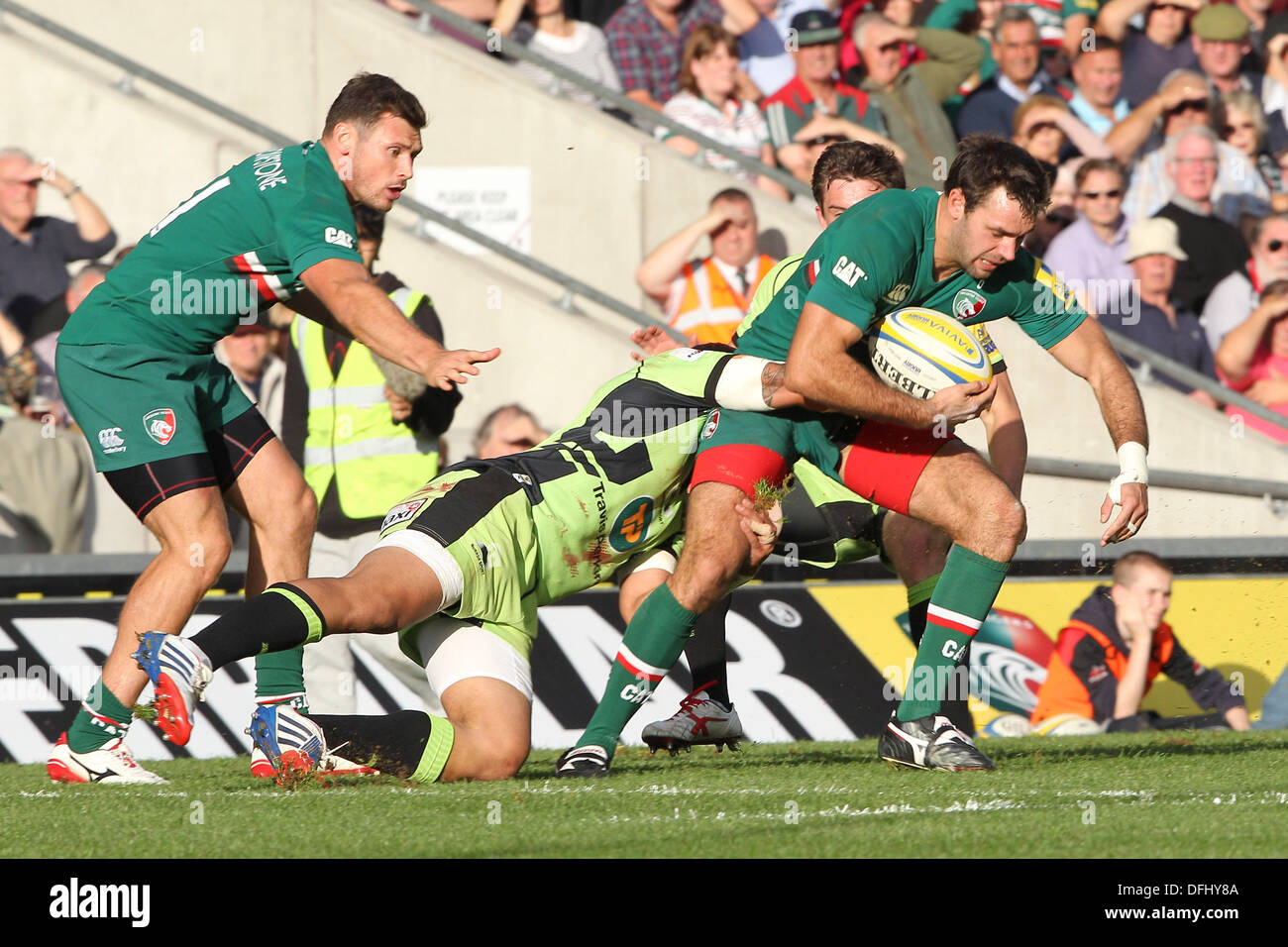 Leicester, UK. 05th Oct, 2013. Tigers Adam Thompstone and Niall Morris ...