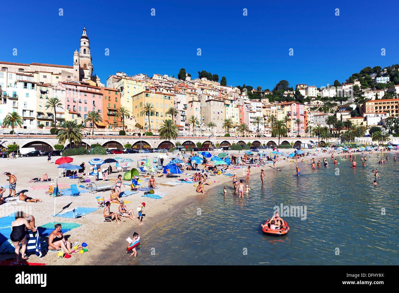 Europe, France, Alpes-Maritimes, Menton. The beach in summer Stock ...