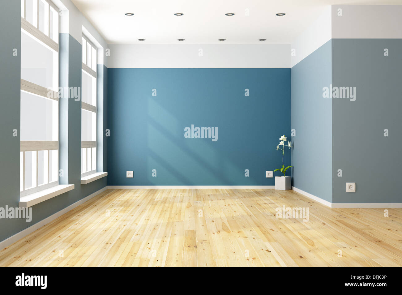 Empty blue living room with big windows - rendering Stock Photo - Alamy