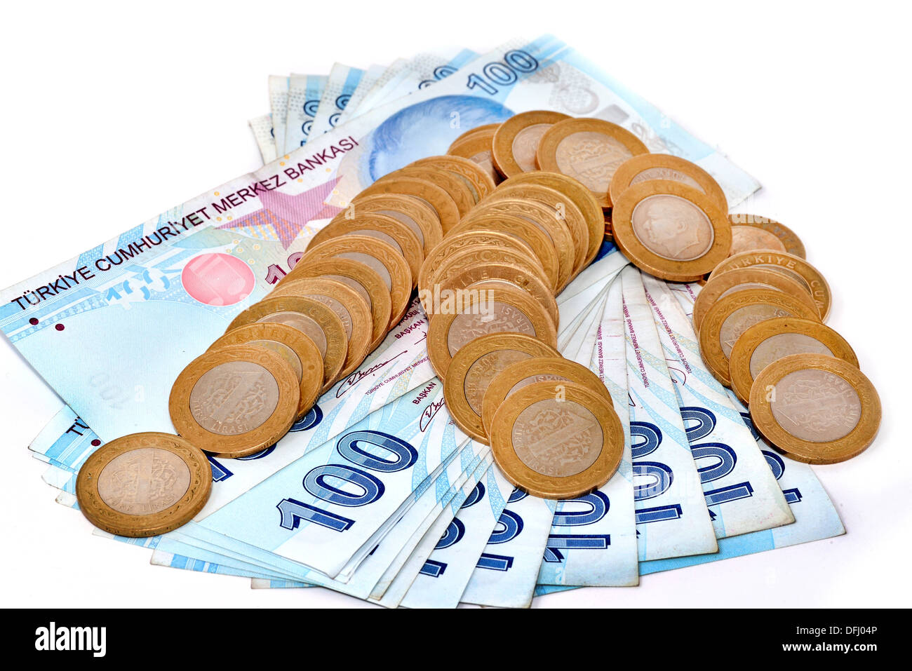 Turkish paper money and coins tower on white background Stock Photo - Alamy