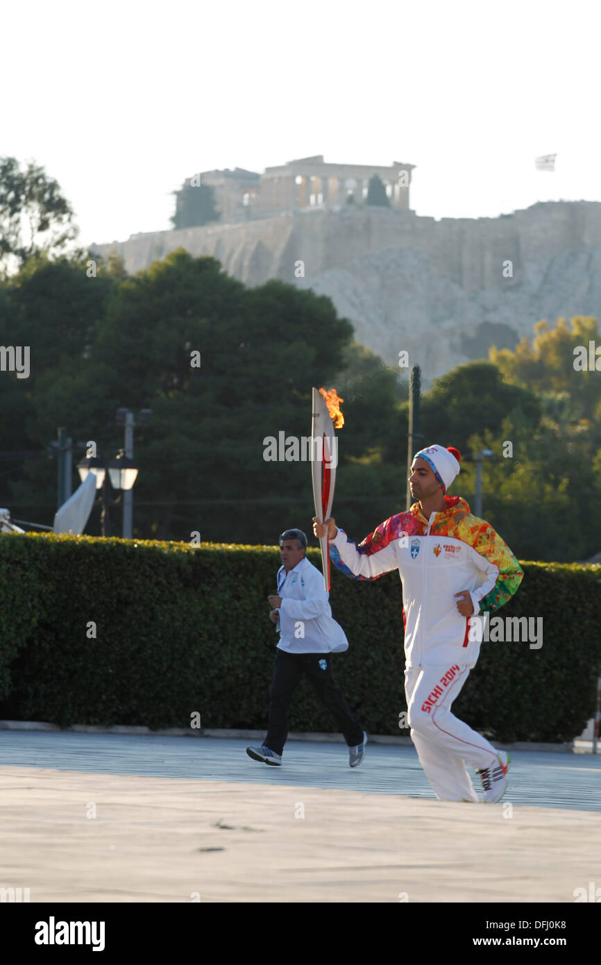 Athens, Greece. 5th Oct, 2013. Torch bearer during a handover ceremony ...
