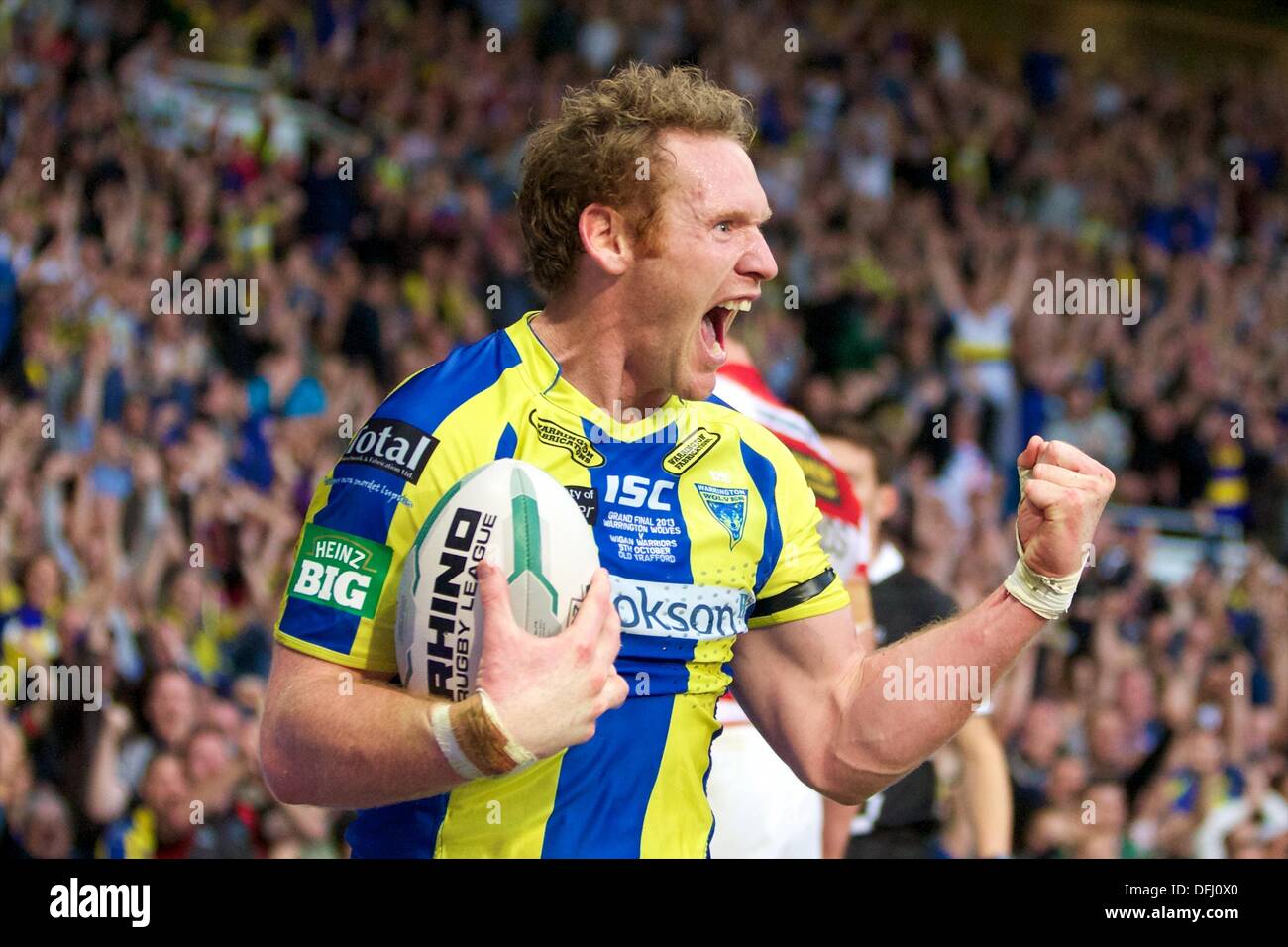 Manchester, UK. 05th Oct, 2013. Warrington Wolves wing Joel Monaghan ...