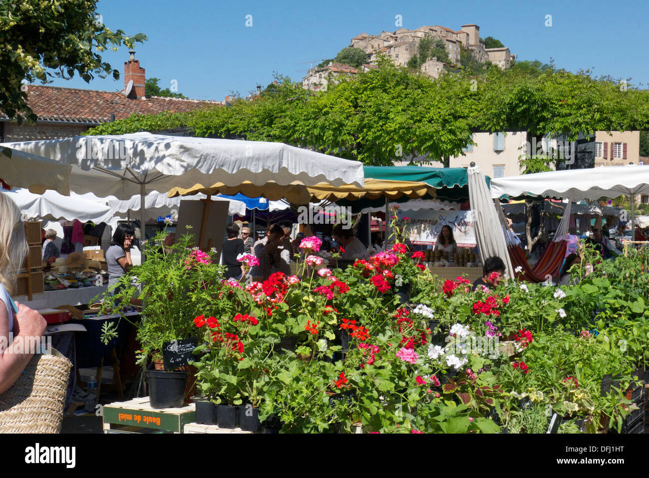 Traditional outdoor French market, Cordes-sur-Ciel, France Stock Photo ...
