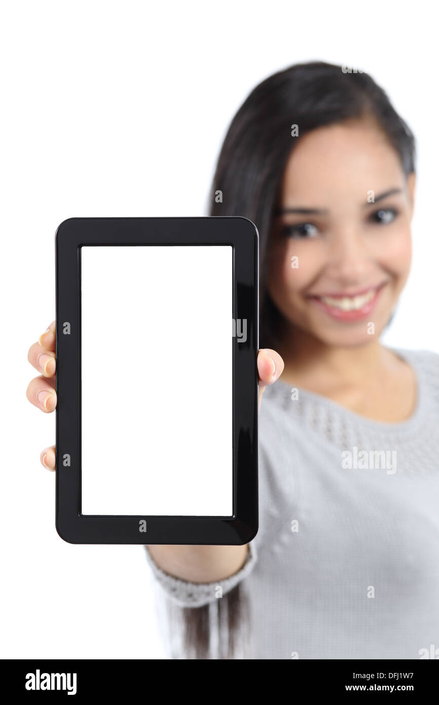 Pretty woman showing a blank vertical tablet screen isolated on a white ...