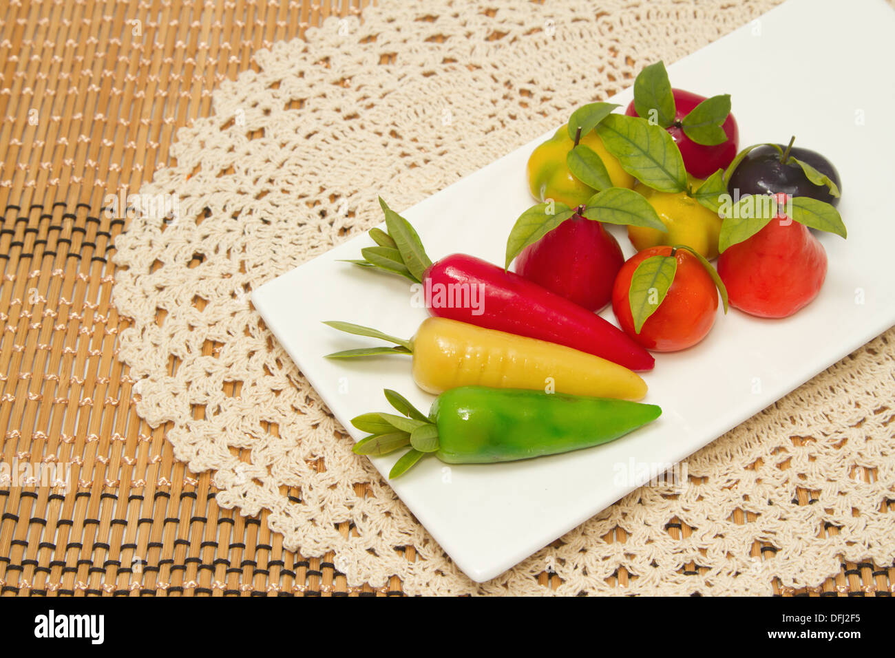 Deletable imitation fruits in white plate,Thai Dessert Stock Photo - Alamy
