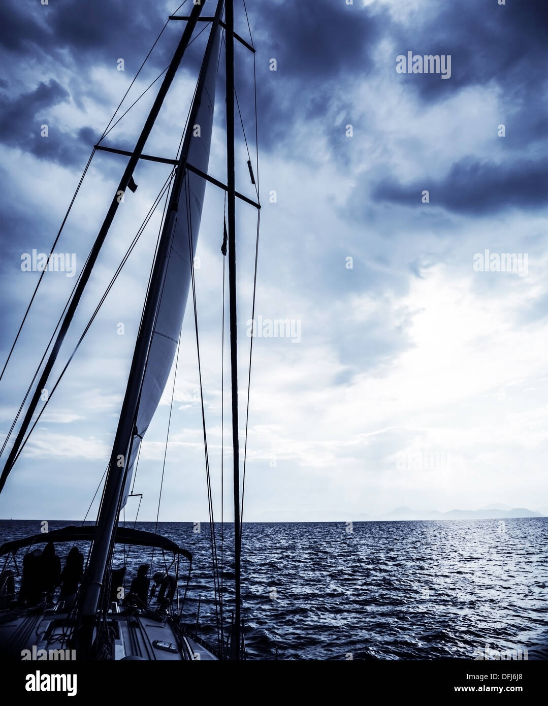 Sailboat at night, luxury water transport, water cruise on sail yacht ...