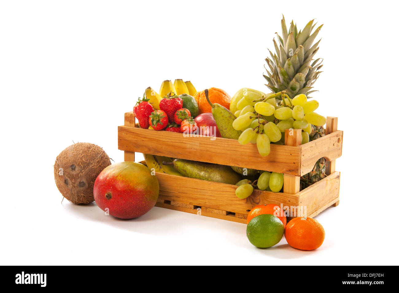 Wooden crate with fresh fruit isolated over white background Stock ...