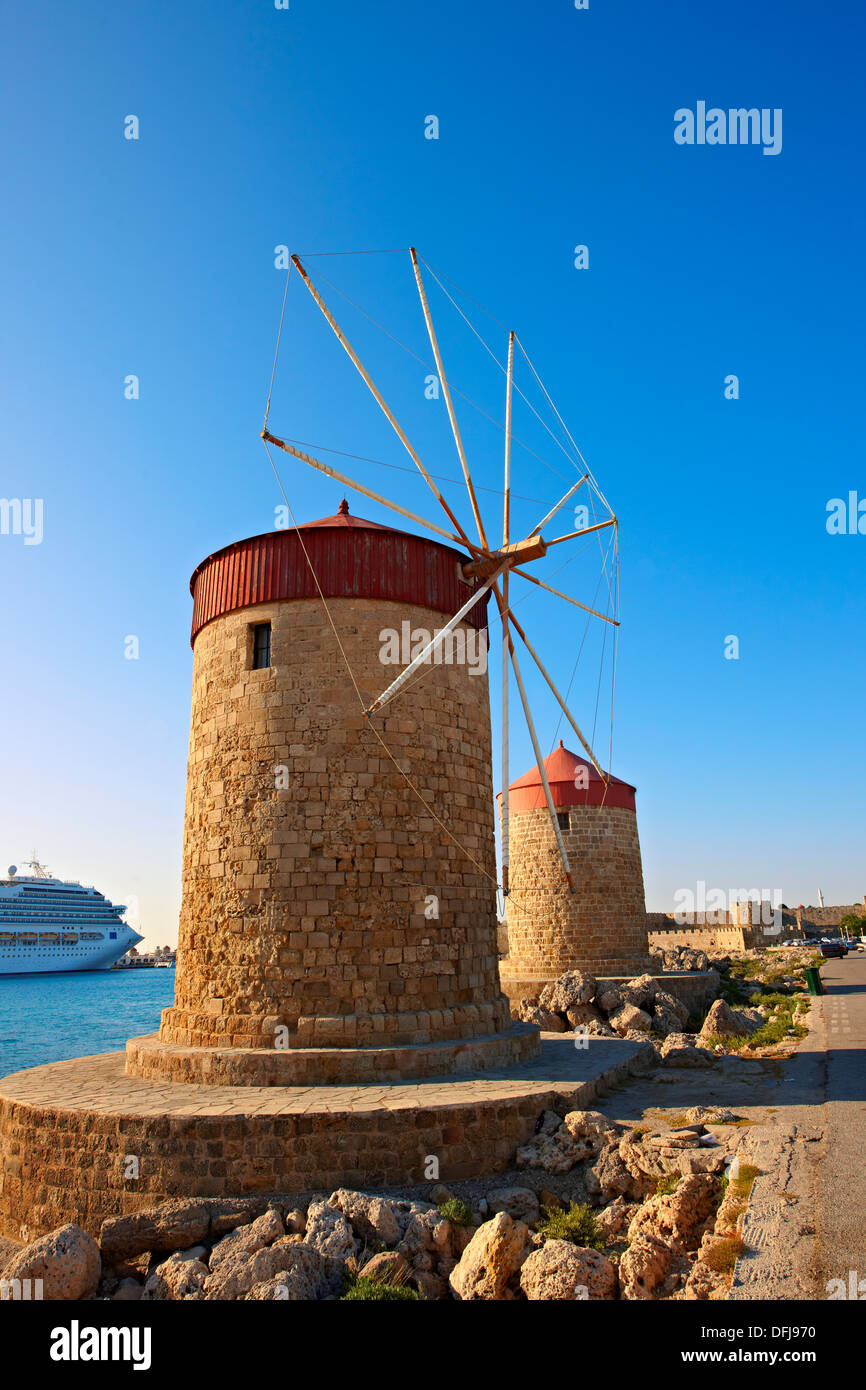 Windmills and walls of Rhodes, Greece. UNESCO World Heritage Site Stock ...