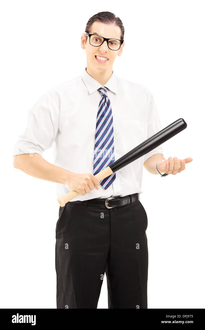 Smiling male with glasses and tie holding a baseball bat Stock Photo ...