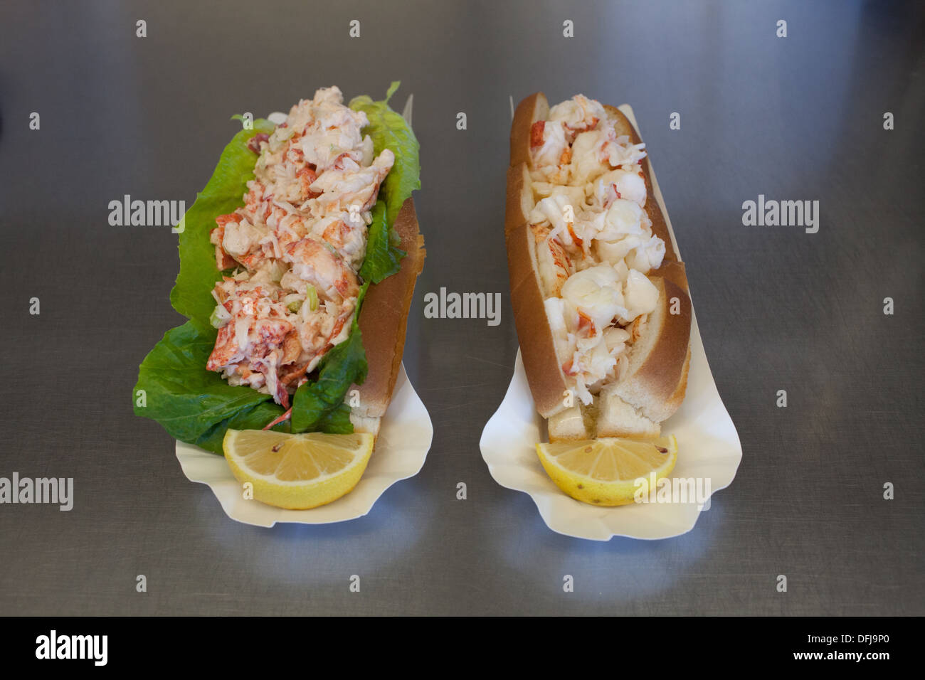 Two types of lobster rolls sitting on the counter at Captain Scott's ...
