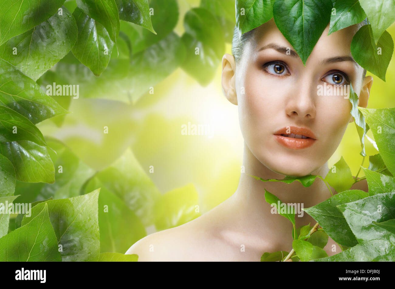 a beauty girl on the leaves background Stock Photo - Alamy