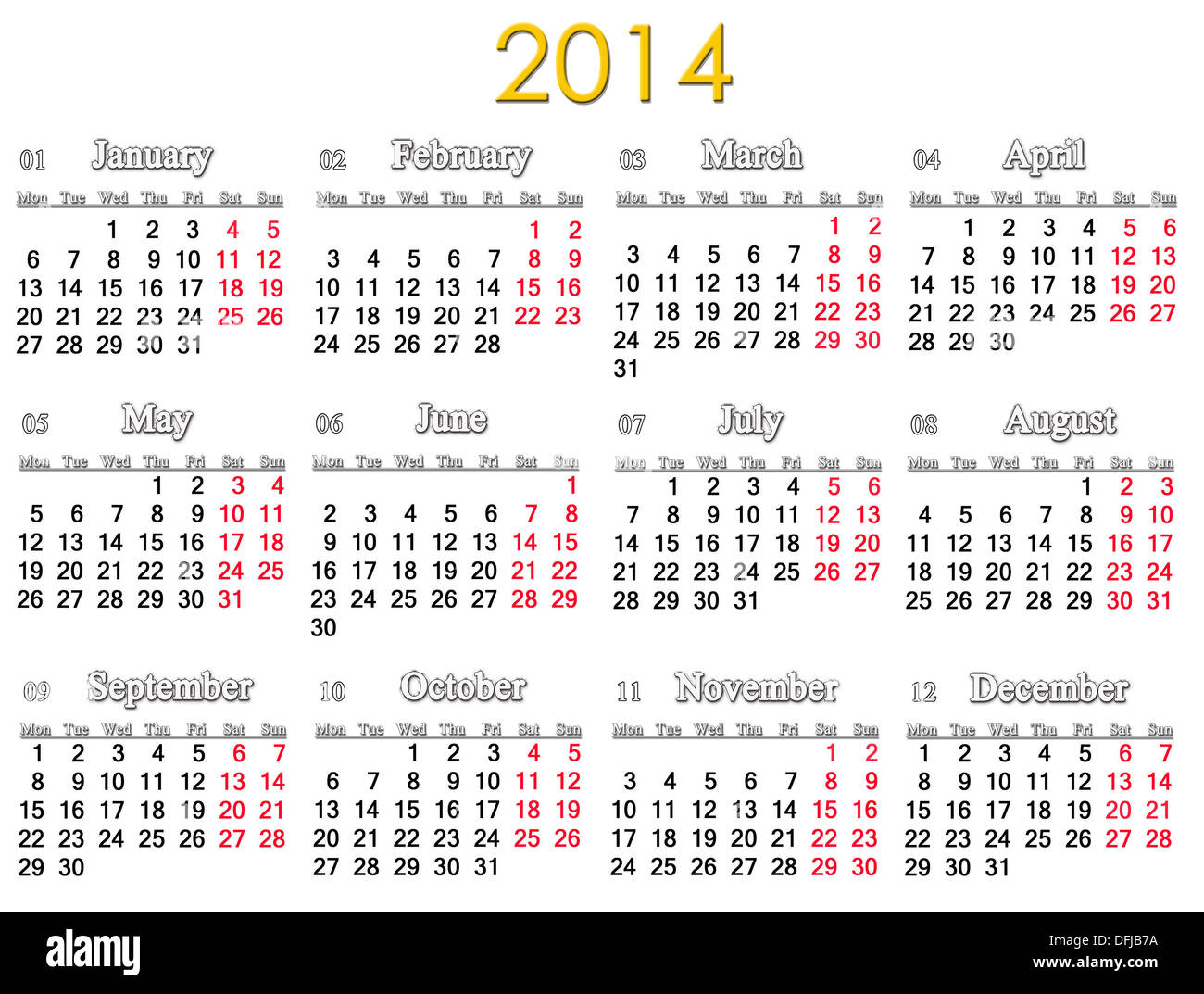 simple and accurate calendar for 2014 year on the white background ...