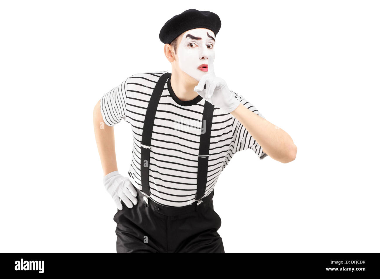 Male mime artist gesturing silence with a finger on his mouth Stock ...