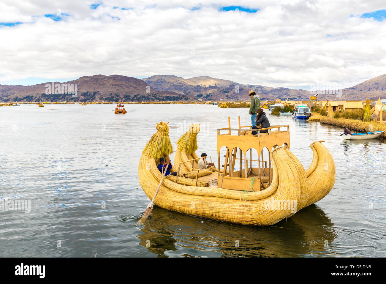 Traditional reed boat lake Titicaca Peru Puno Uros South America ...