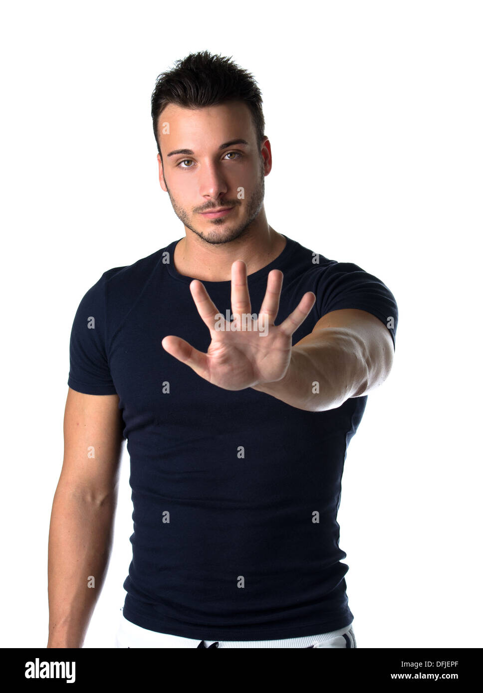 Attractive young man counting to five with fingers and hands, isolated ...