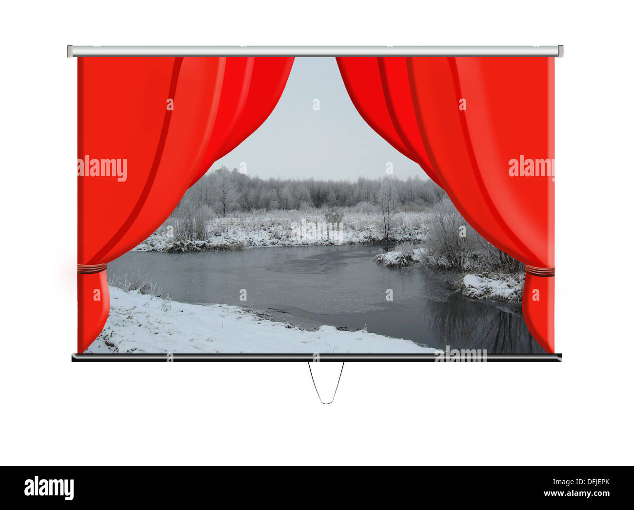 screen with red curtains and beautiful landscape with winter river ...