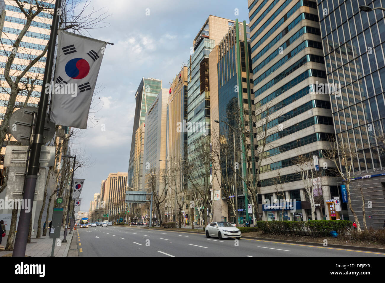 Typical street scene with tall modern buildings in Gangnam Area, Seoul ...