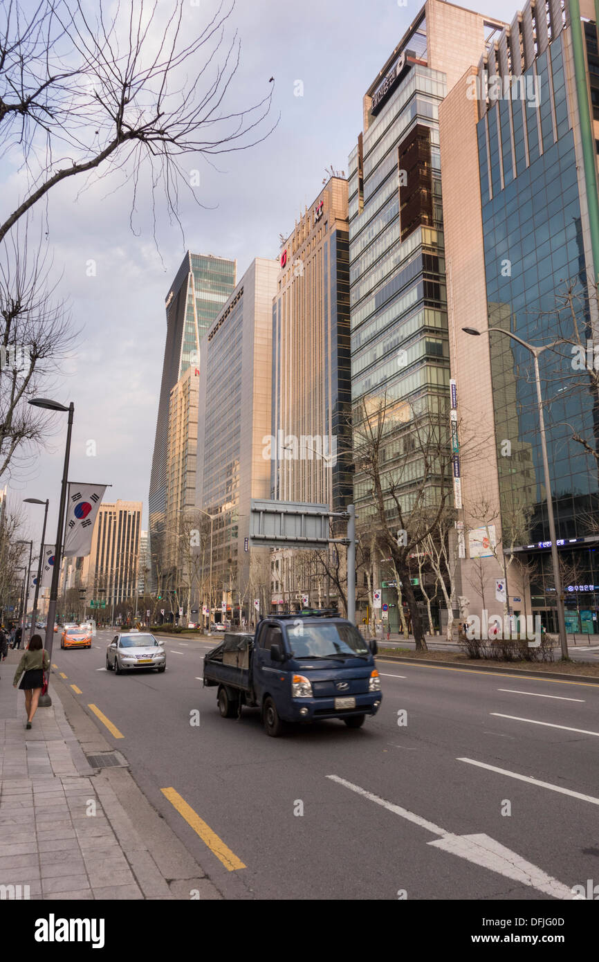 Typical street scene with tall modern buildings in Gangnam Area, Seoul ...