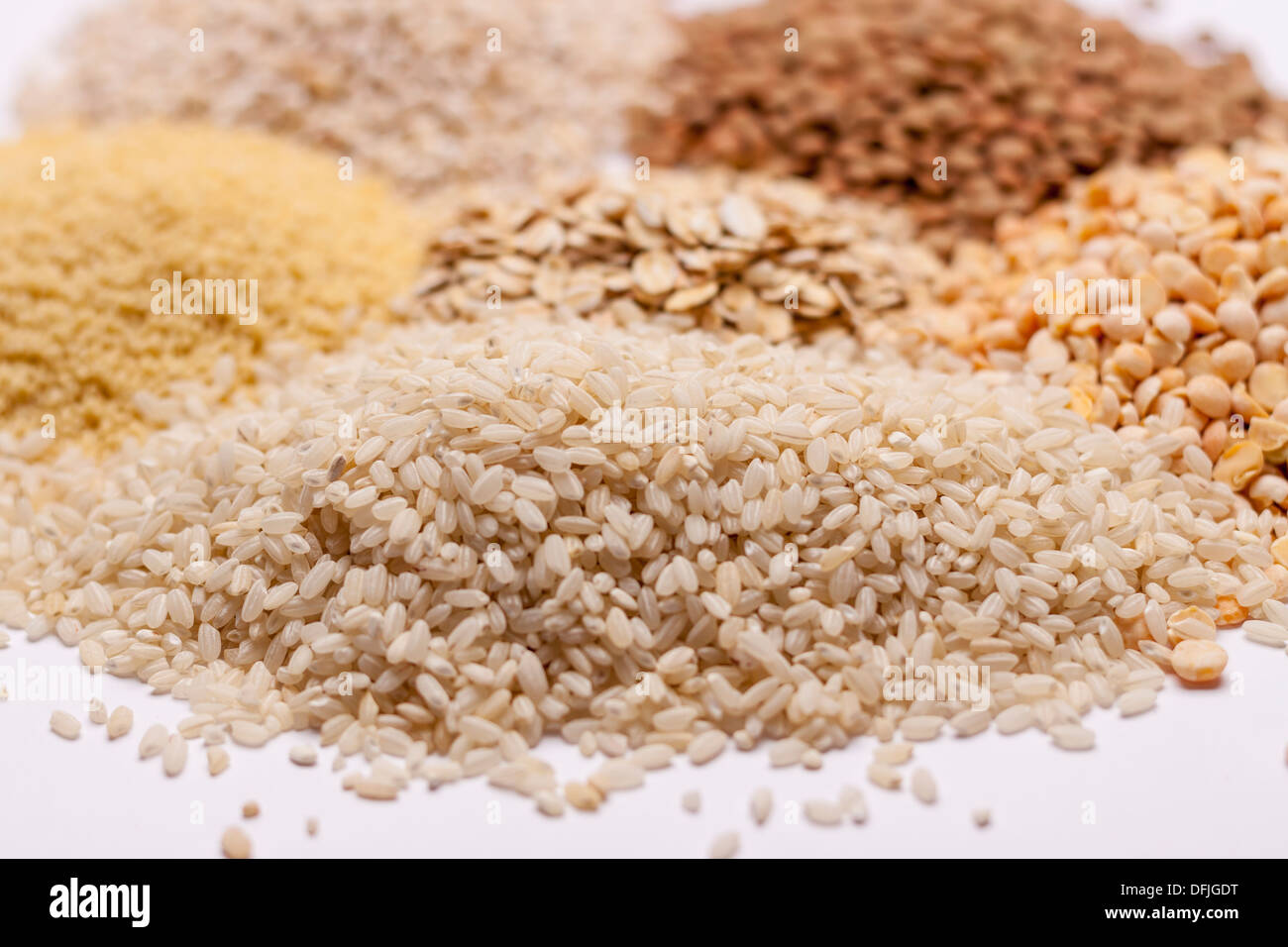 Couscous, rice, pea, grits, oatmeal, lentil - white background Stock ...