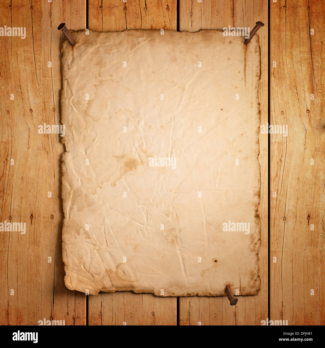 Empty old paper with rusty nails on wood background -3d render Stock ...