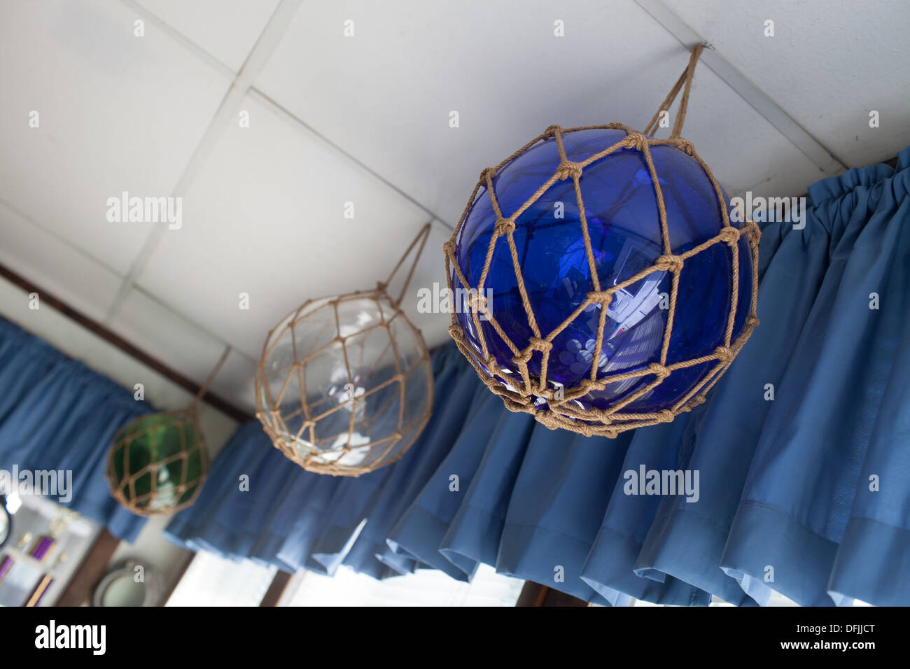 Glass fishing floats hanging from the ceiling of a Connecticut lobster ...