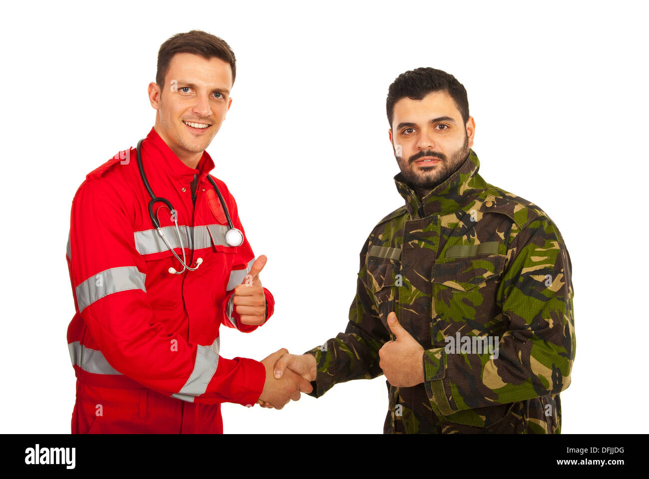 Paramedic and soldier handshake and giving thumb up isolated on white ...